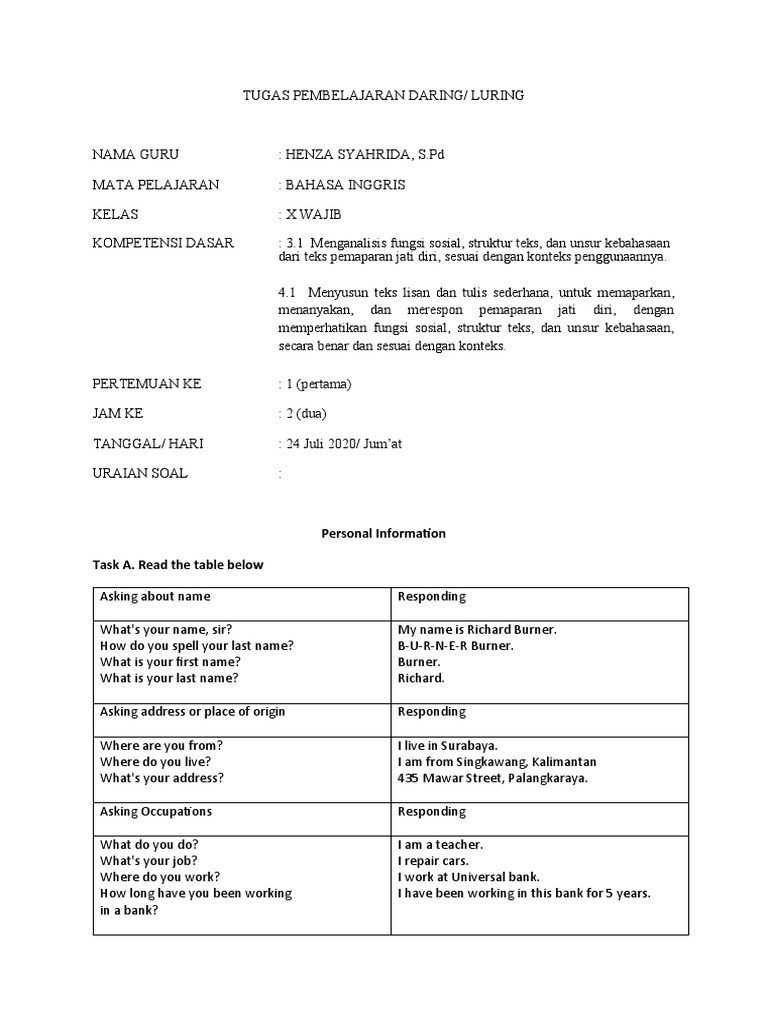 Personal Information Task A. Read The Table Below | PDF | Language Arts ...