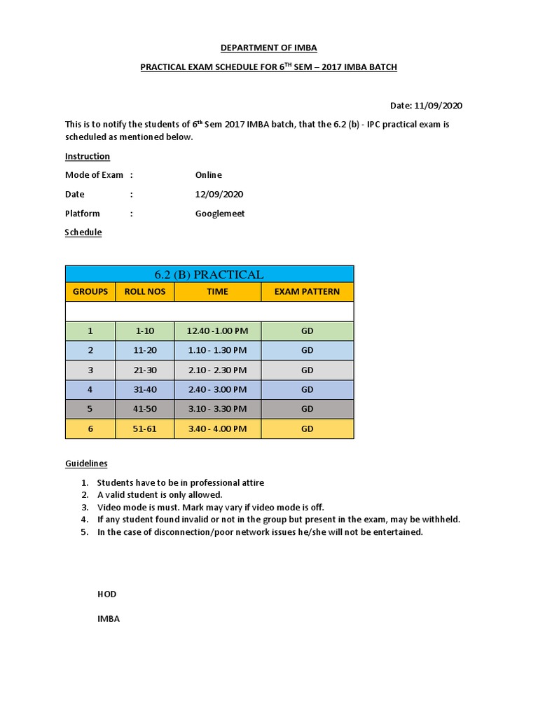 6.2 (B) Practical: Department of Imba Practical Exam Schedule For 6 Sem ...