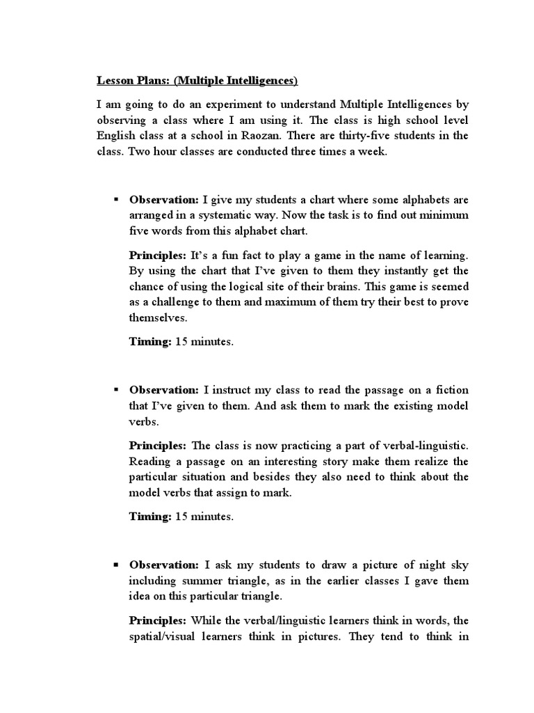 Multiple Intelligence Lesson Plans for High School English Class | PDF ...