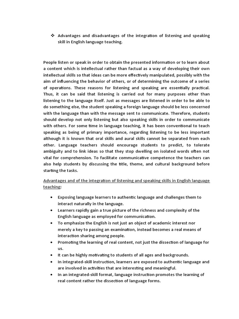 Advantages and Disadvantages of The Integration of Listening and ...