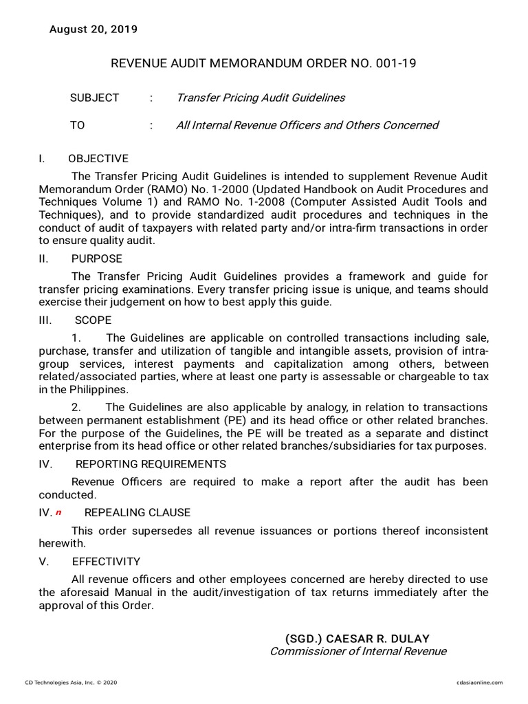 Transfer Pricing Audit Guidelines, Revenue Audit Memorandum Order No ...