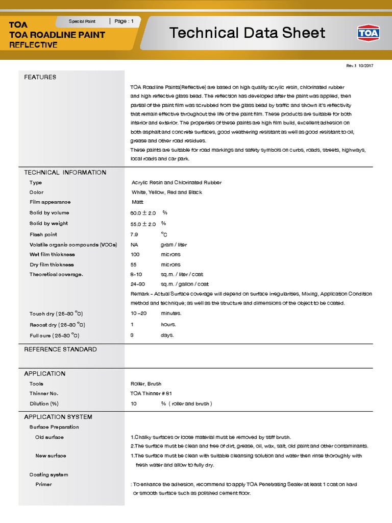 Technical Data Sheet: Toa Roadline Paint | PDF | Paint | Chemistry