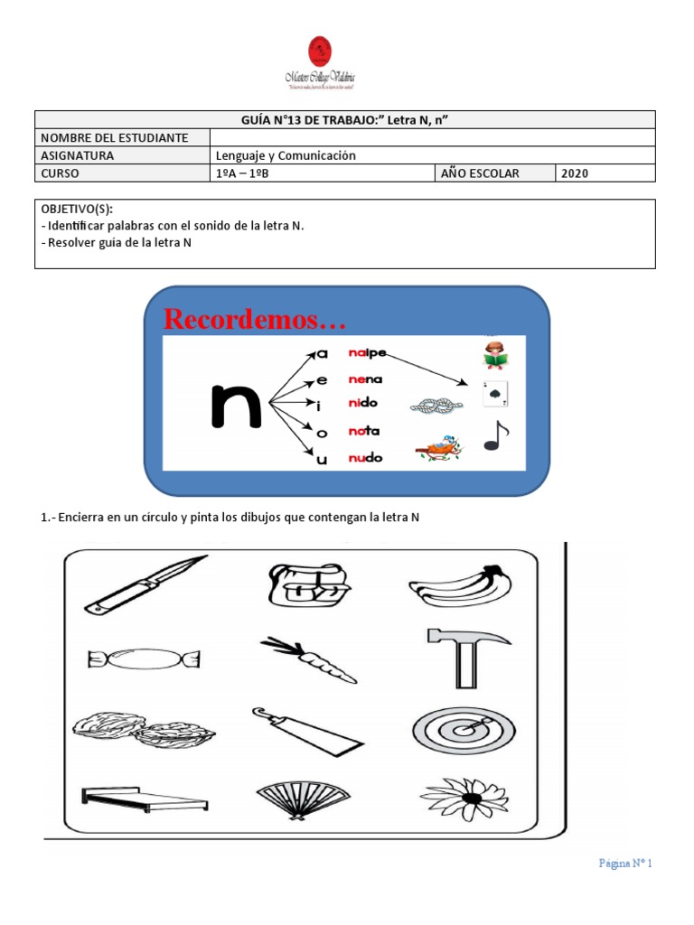 Lenguaje - Guía N°13 de Trabajo Letra N - N. | PDF | Hogar, jardinería ...