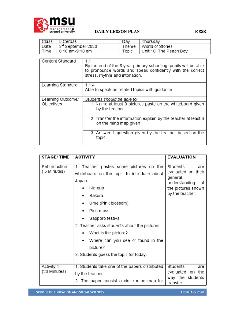 Daily Lesson Plan KSSR: Students Should Be Able To | PDF | Lesson Plan ...