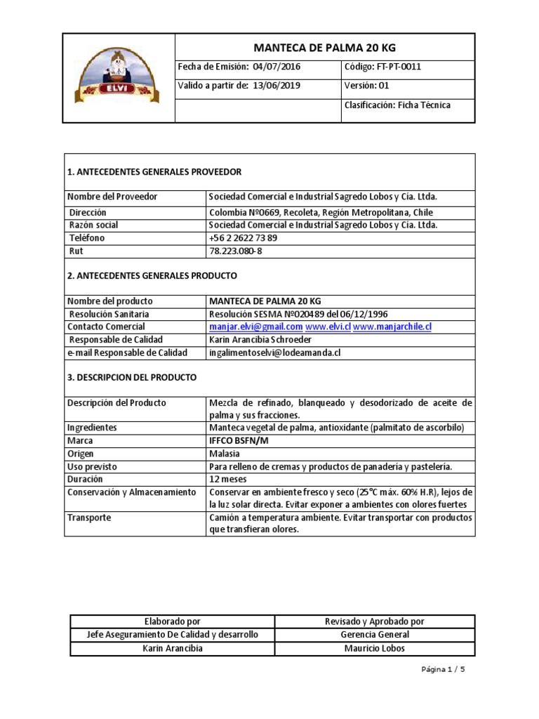 Ficha Técnica Manteca de Palma 20 kg | PDF | gordo | Comida y bebida