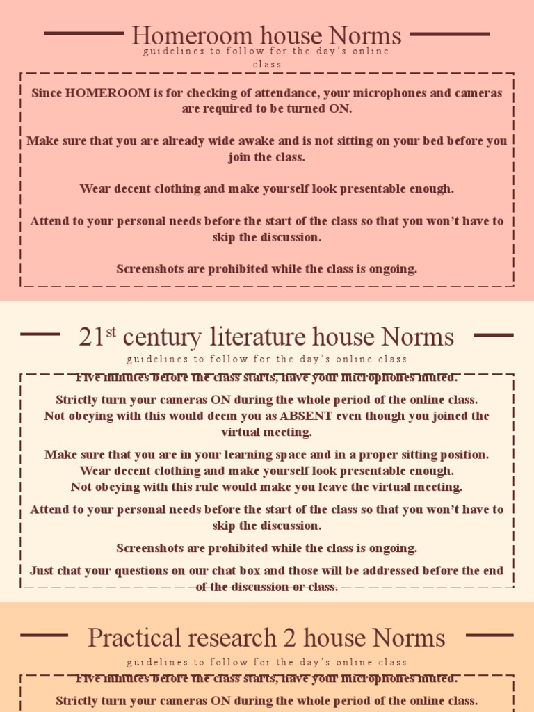 Homeroom House Norms: Guidelines To Follow For The Day's Online Class | PDF