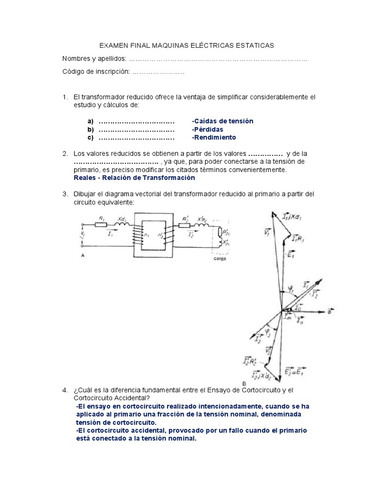 1EXAMEN FINAL MAQUINAS ELÉCTRICAS ESTATICAS Resuelto | PDF | Transformador | Inductor
