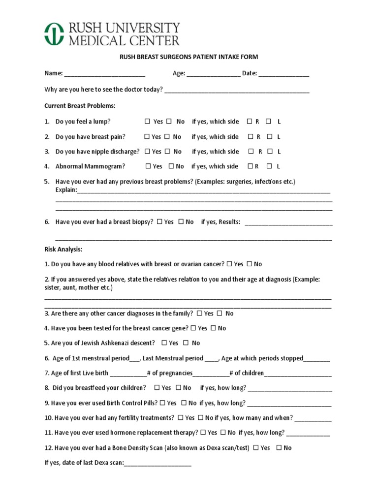 Rush Breast Surgeons Patient Intake Form | PDF | Breast Cancer | Cancer