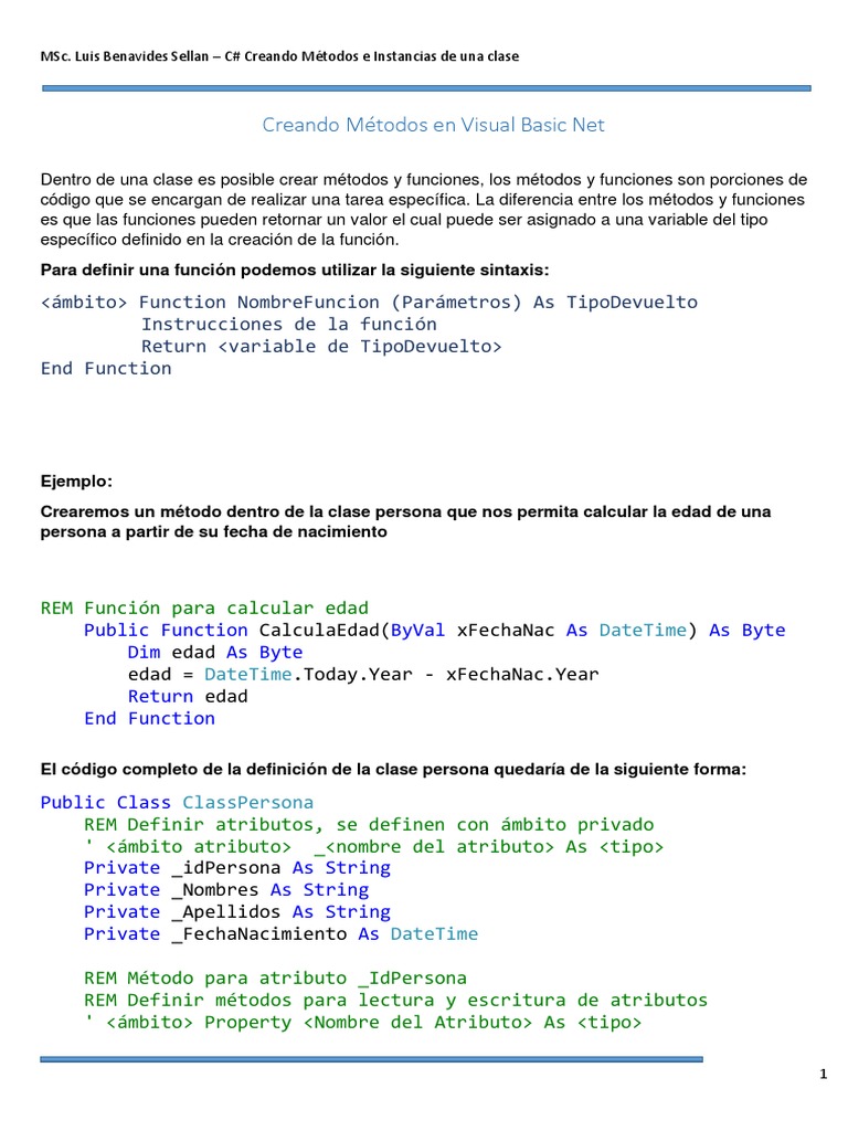 Visual Basic Creando Un Método e Instancia de Una Clase | PDF | C Sharp ...