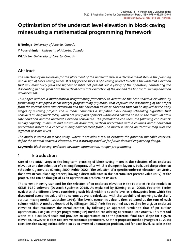 Optimisation of The Undercut Level Elevation in Block Caving Mines ...