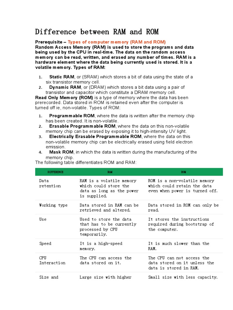Difference Between RAM and ROM | PDF | Random Access Memory | Computer ...