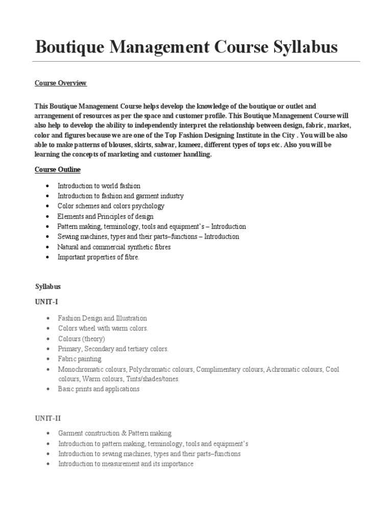 Boutique Management Syllabus | PDF | Sewing | Color