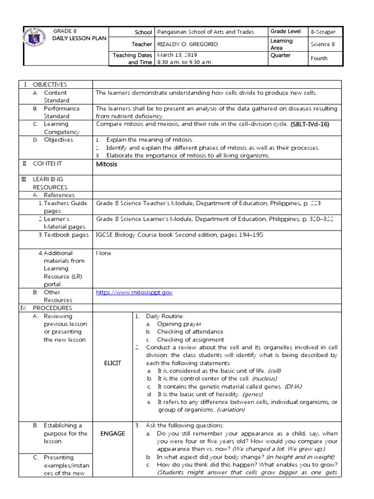 Mitosis Lesson Plan for Grade 8 | PDF | Mitosis | Cell (Biology)