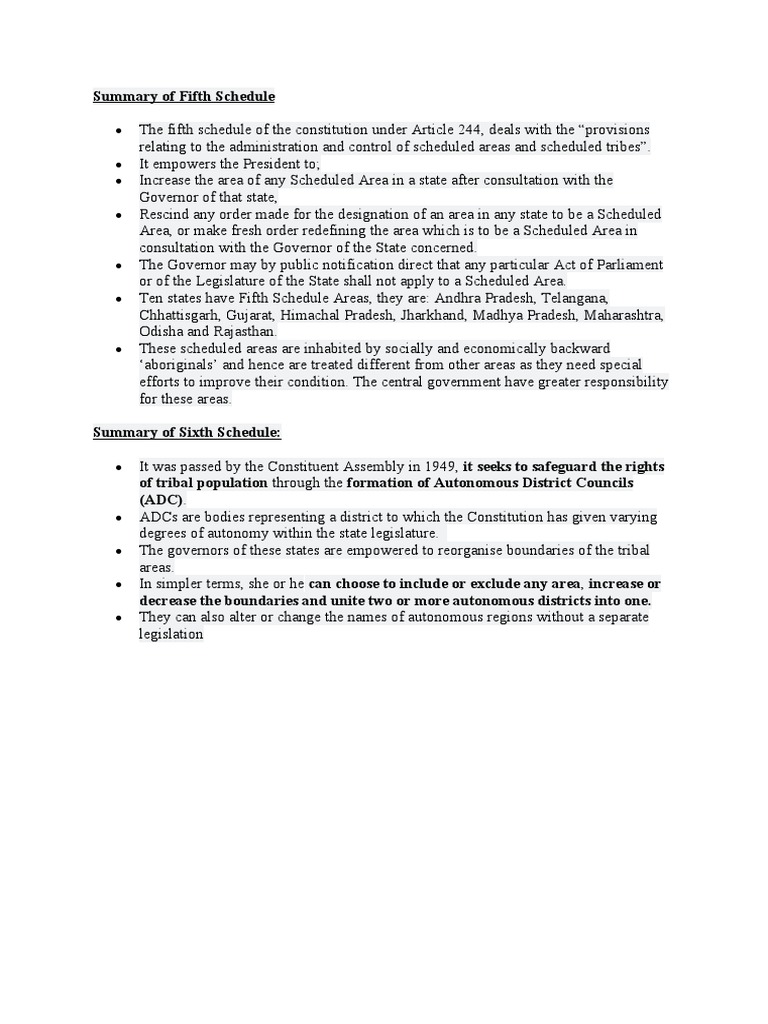 Summary of Fifth and Sixth Schedule | PDF