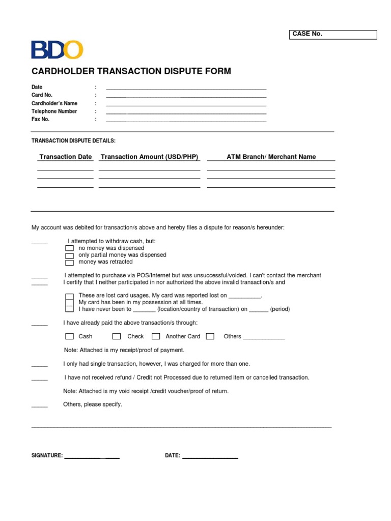 Cardholder Transaction Dispute Form: Case No | PDF