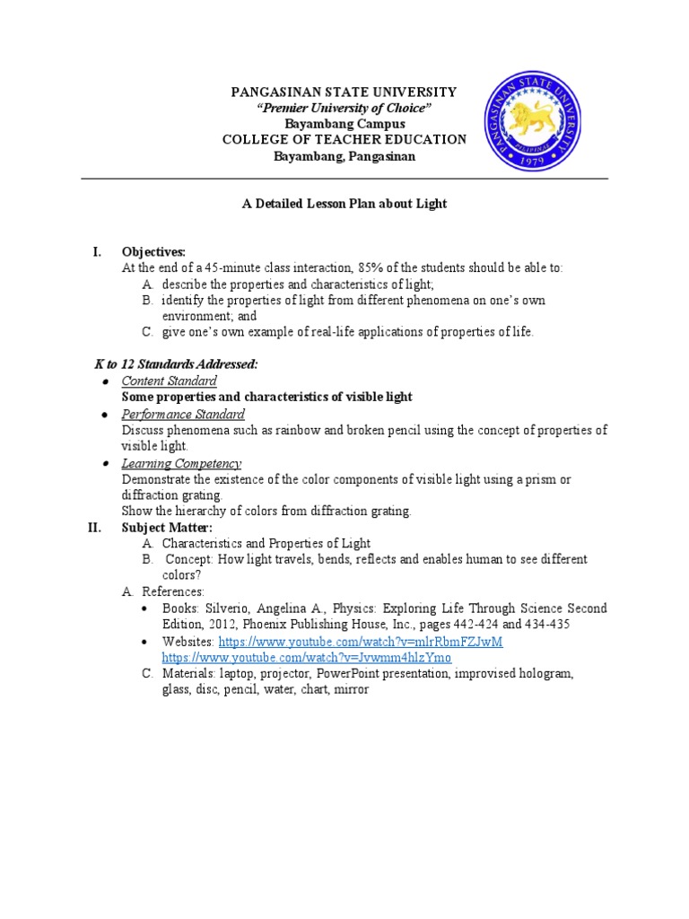 Detailed Lesson Plan About Light | PDF | Reflection (Physics) | Waves