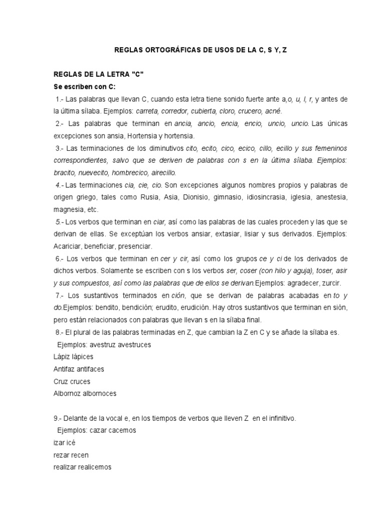 REGLAS ORTOGRÁFICAS DE USOS DE LA C, S y Z | PDF | Unidades Semánticas ...