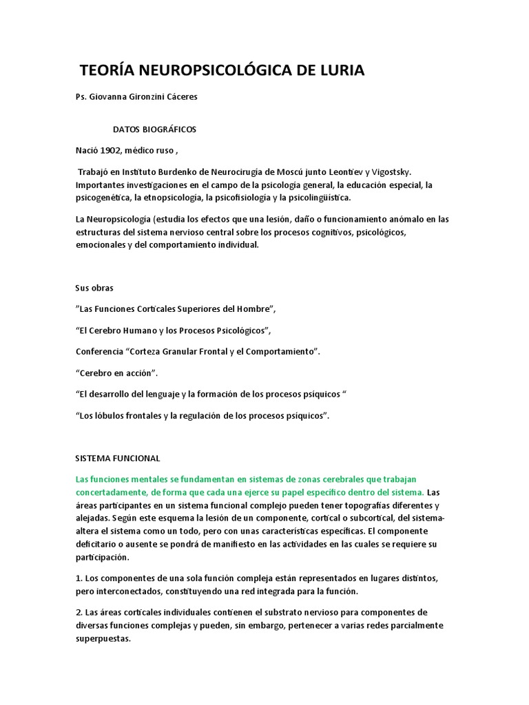 Teoría Neuropsicológica de Luria-7p | PDF | Corteza cerebral | Cerebro