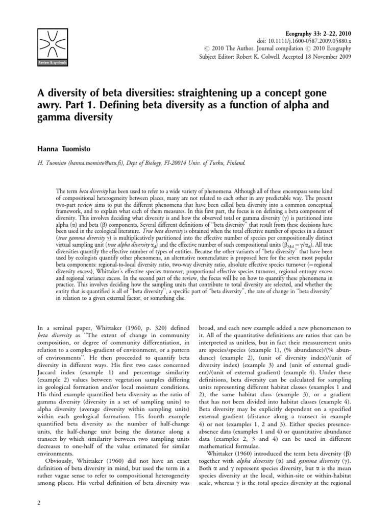 Tuomisto 2010. A Diversity of Beta Diversities | PDF | Species ...