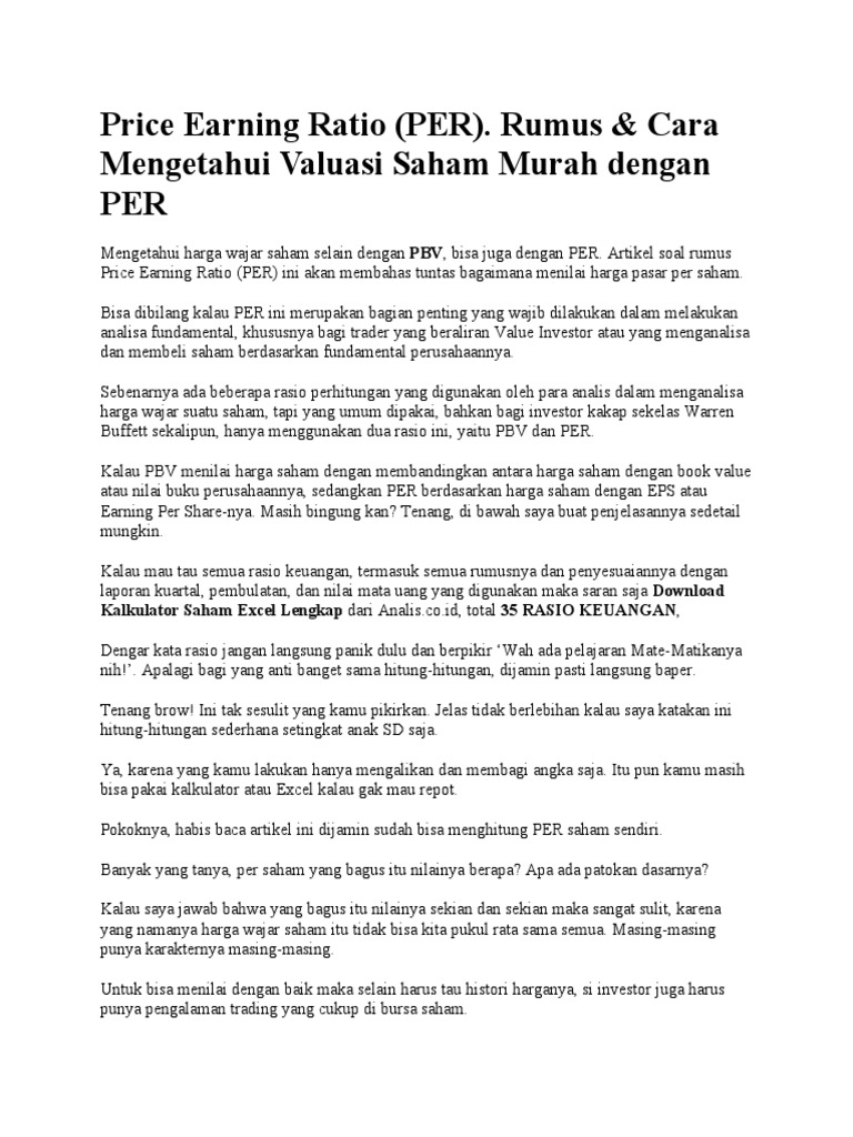 Price Earning Ratio (PER) - Rumus & Cara Mengetahui Valuasi Saham Murah ...