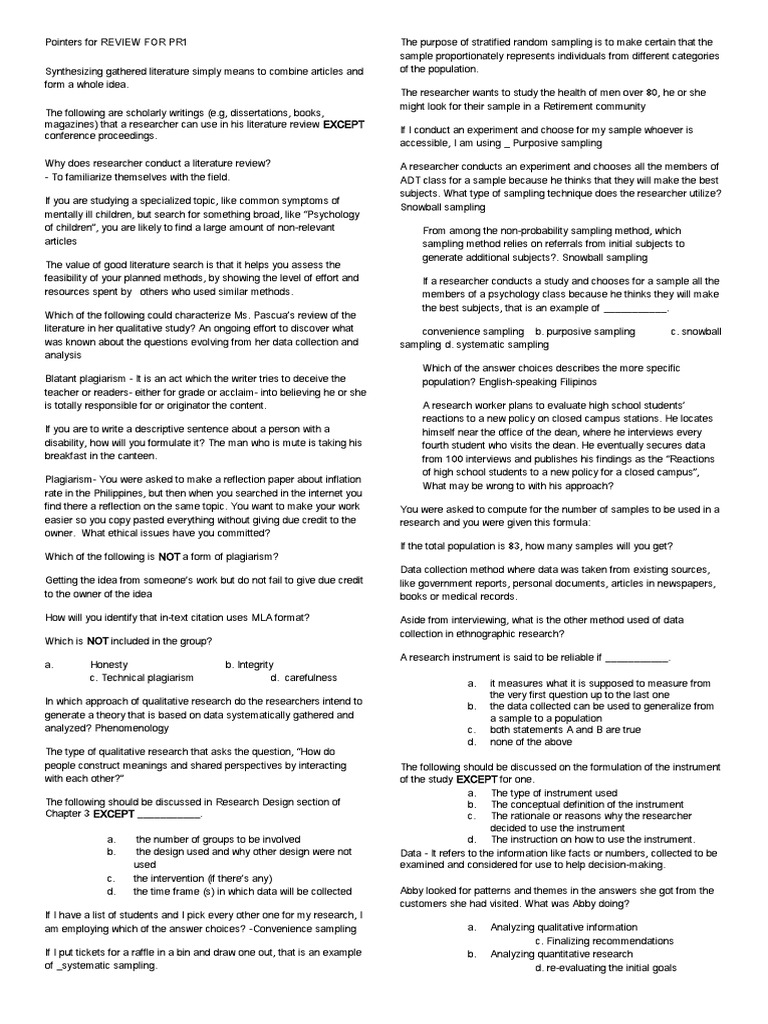 Pointers For REVIEW | PDF | Sampling (Statistics) | Qualitative Research