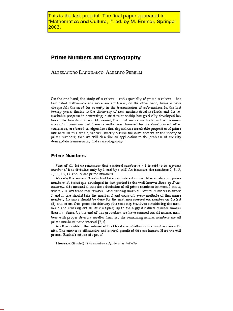 Prime Numbers and Cryptography: A L A P | PDF | Prime Number | Numbers