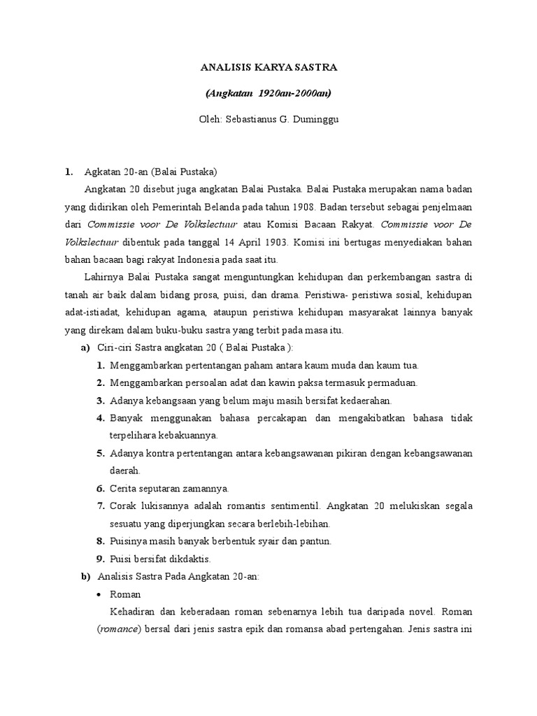 Analisis Karya Sastra Angkatan 1920-2000 | PDF