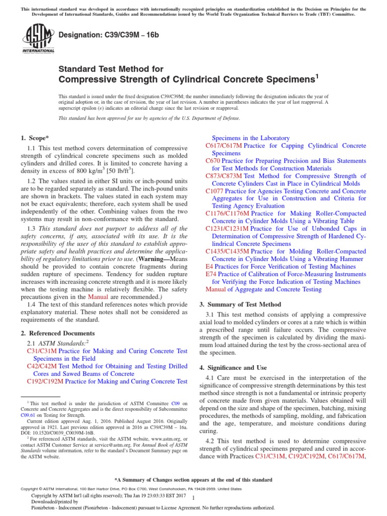 C39-16b COMPRESSIVE STRENGTH OF CYLINDRICAL CONCRETE SPECIMENS | PDF ...