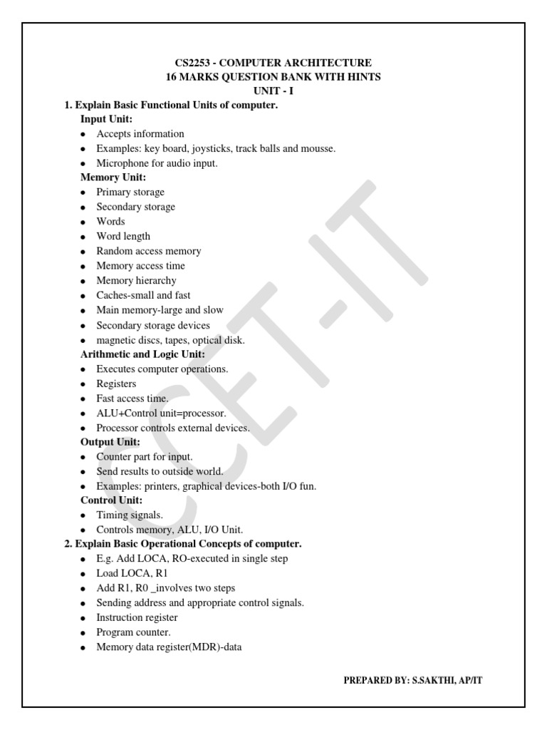 Cs2253 - Computer Architecture 16 Marks Question Bank With Hints Unit - I 1. Explain Basic ...