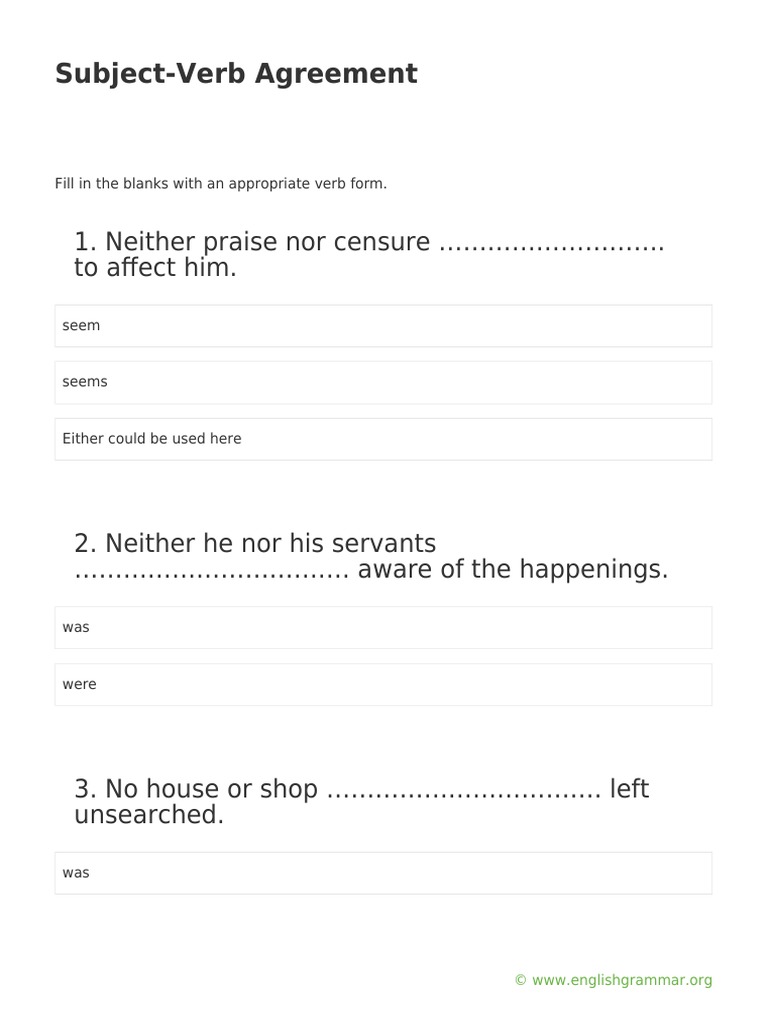 Subject-Verb Agreement: 1. Neither Praise Nor Censure . To Affect Him | PDF