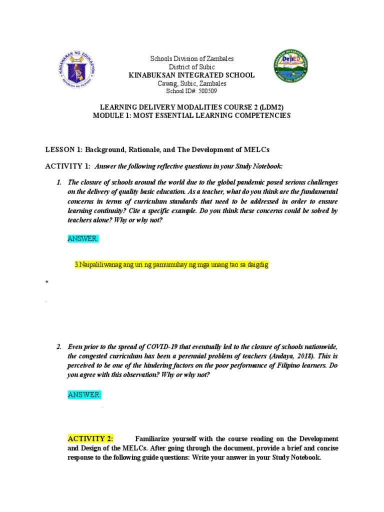 Lesson 1: Background, Rationale, and The Development of Melcs Activity ...