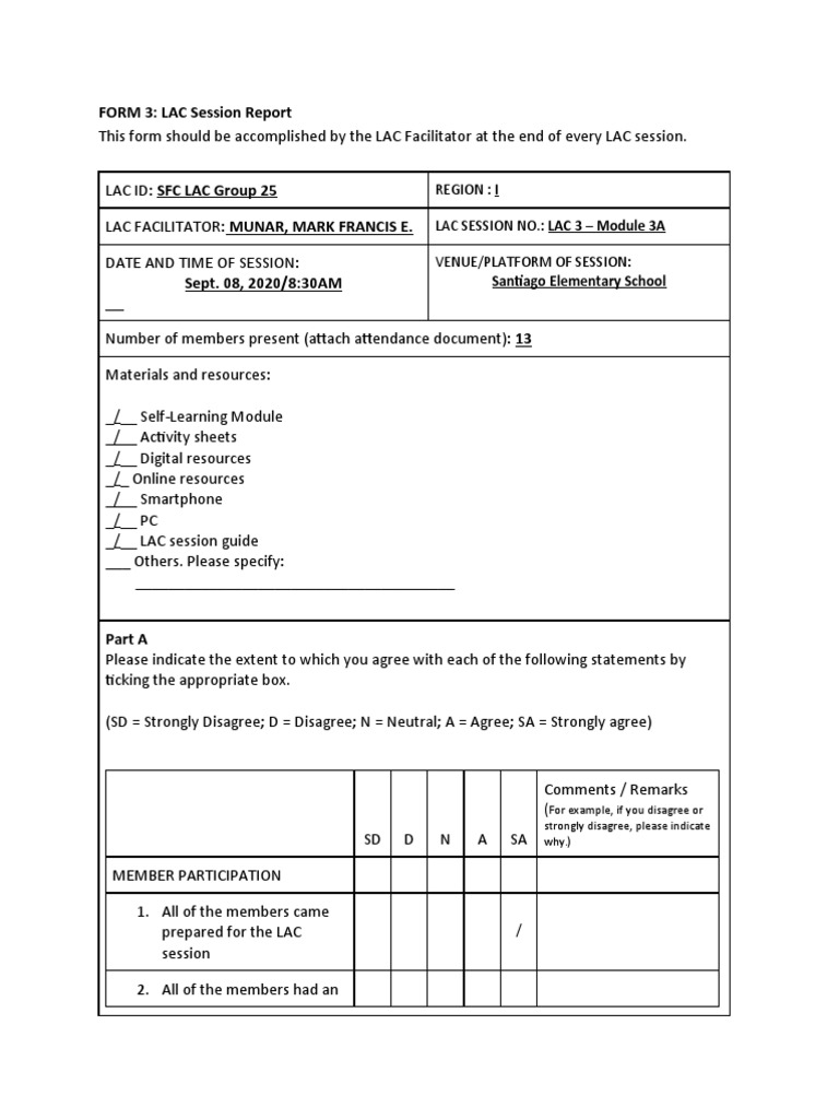 FORM 3: LAC Session Report: Region: I Lac Session No.: Lac 3 - Module 3A Venue/Platform of ...