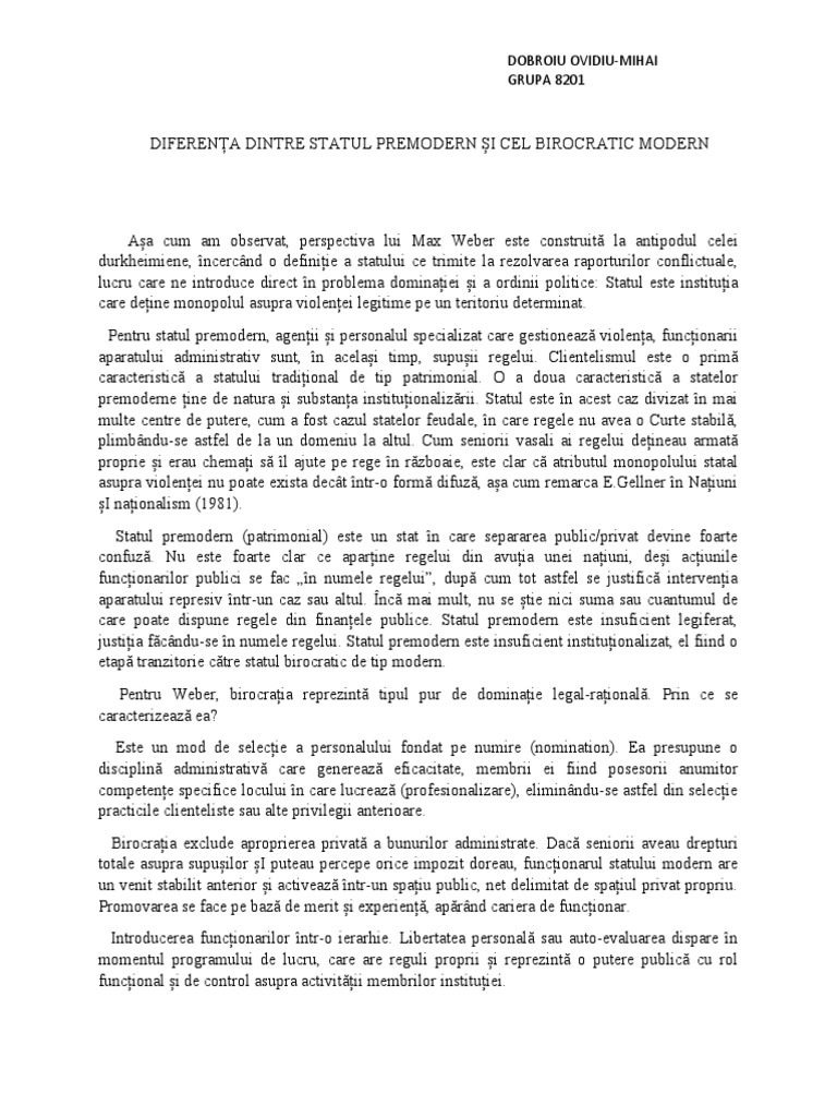 Diferența Dintre Statul Premodern Și Cel Birocratic Modern | PDF