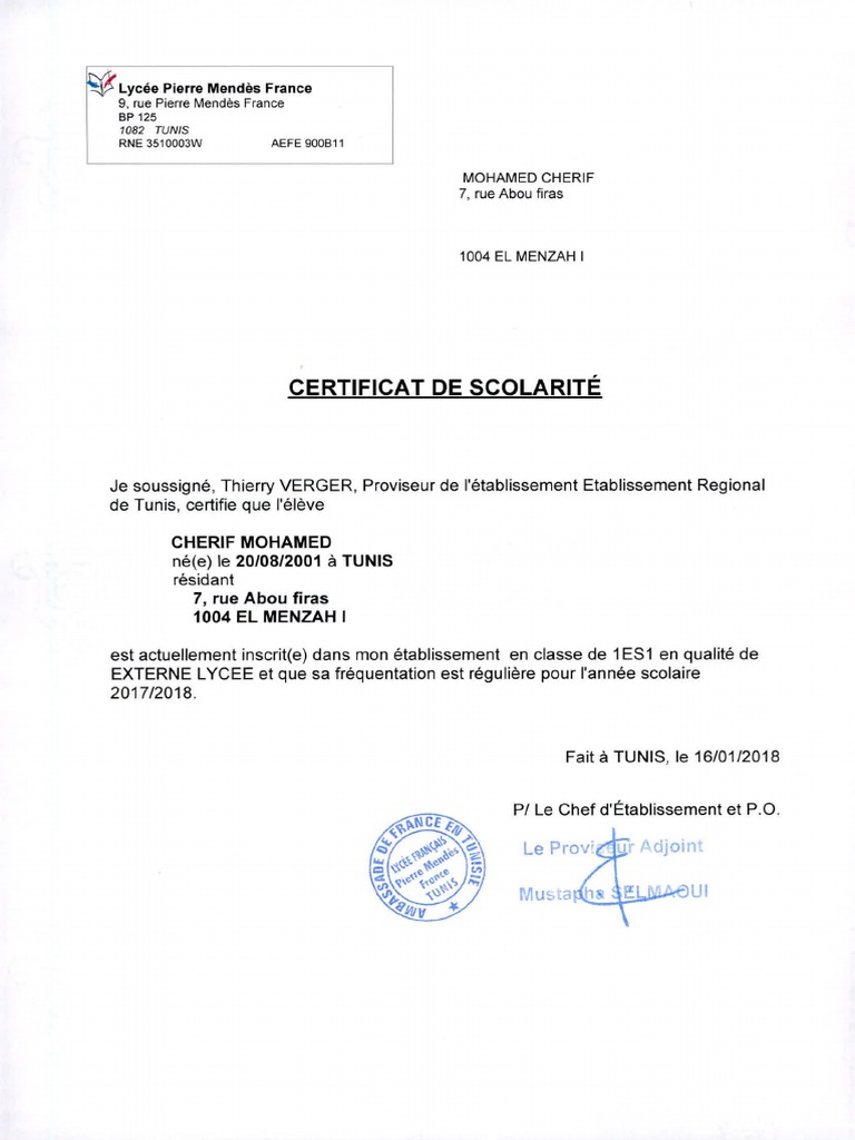 Certificat Présence Mohamed-2017 2018 PDF | PDF