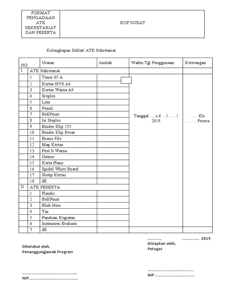Form Pengadaan ATK - Sekretariat Dan Peserta Ok | PDF