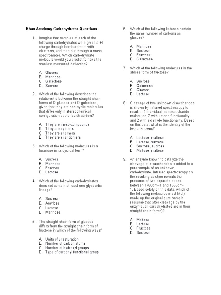 Khan Academy Carbohydrates Questions | PDF | Carbohydrates | Glucose