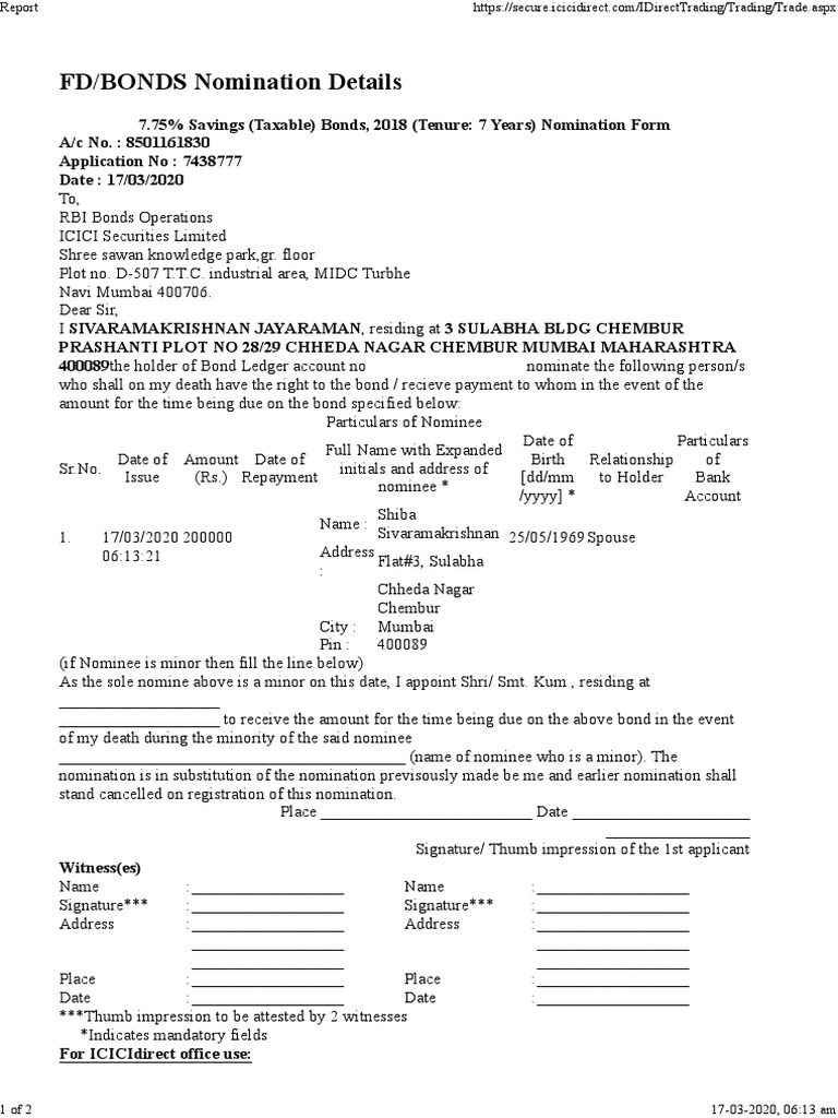 FD/BONDS Nomination Details | PDF | Banking | Financial Services