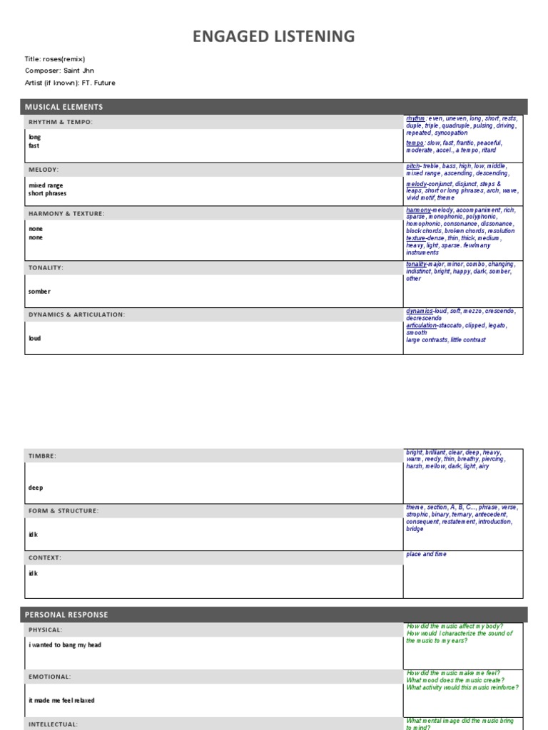 Engaged Listening Worksheet1 | PDF | Musical Compositions | Music Theory