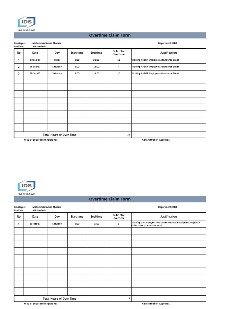Overtime Claim Form (TKM) | PDF | Workplace | Private Law