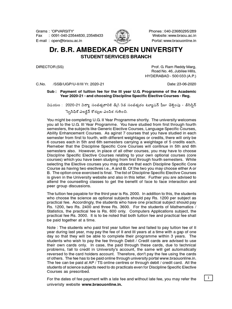 Dr. B.R. Ambedkar Open University: Student Services Branch | PDF | Fee ...
