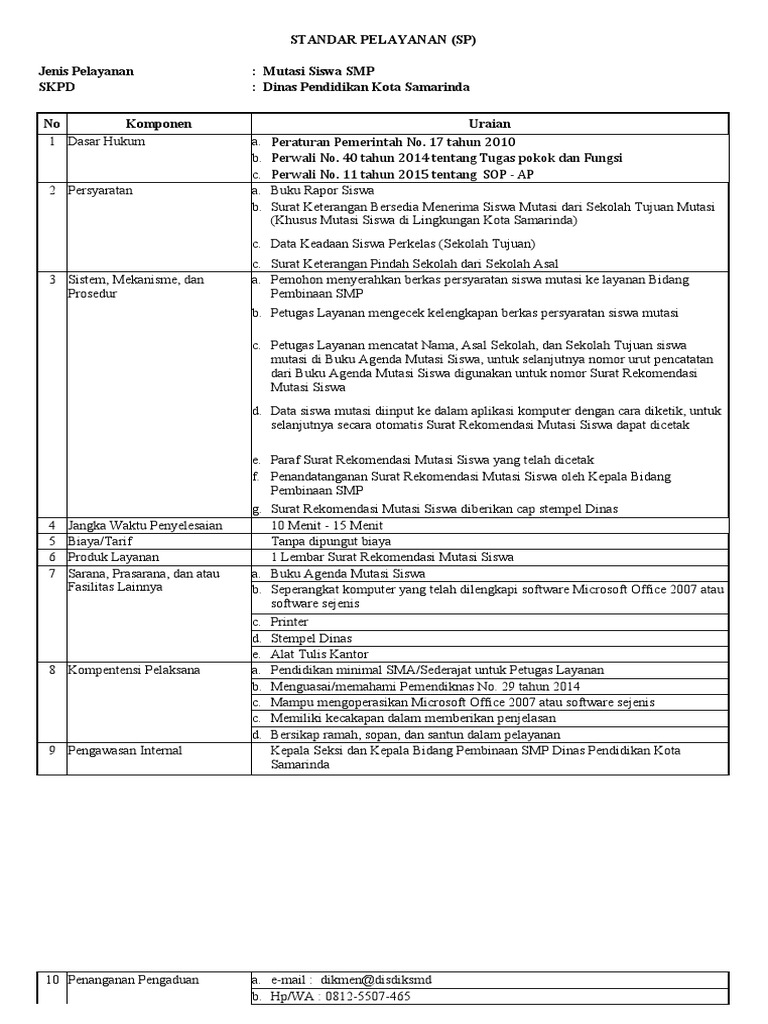 Standar Pelayanan SOP Mutasi Siswa SMP | PDF