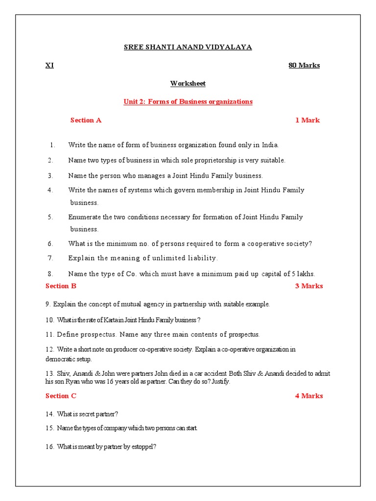 Business Organization Worksheet Answers | PDF | Cooperative | Business