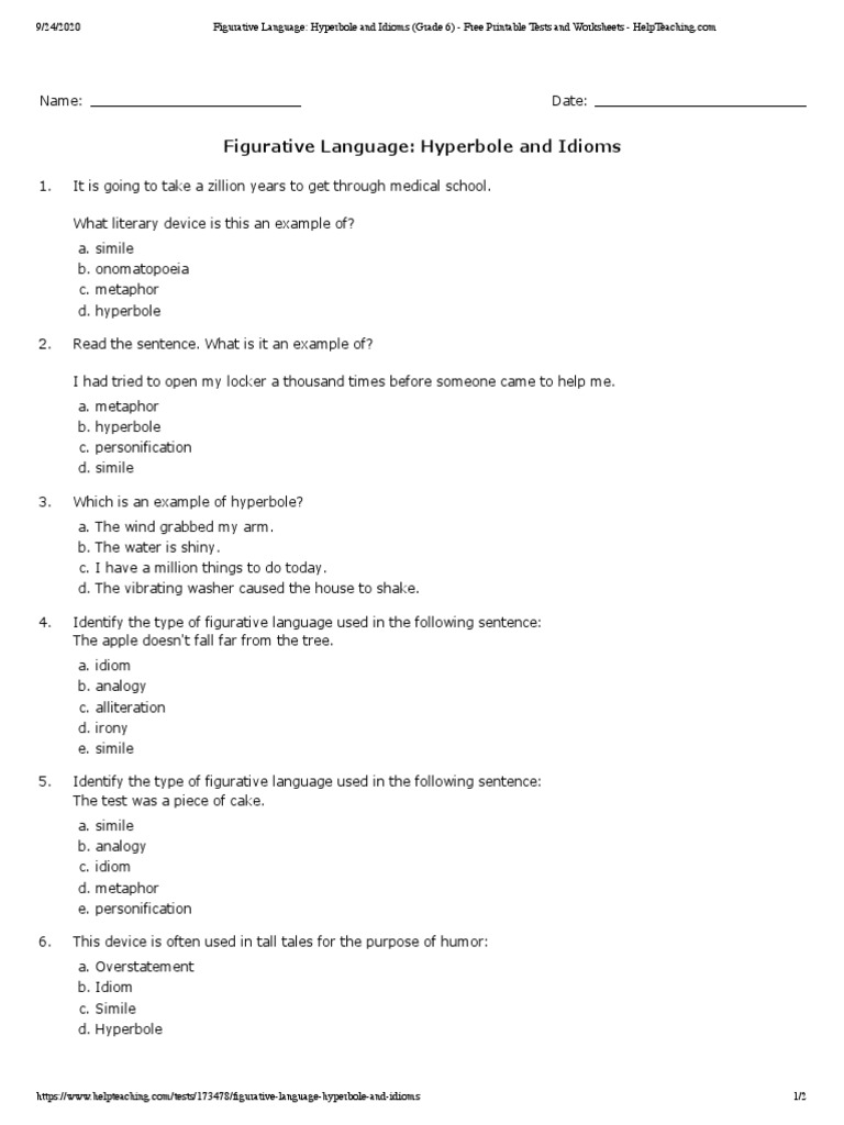 Hyperbole and Idioms Worksheet for 6th Grade | PDF | Rhetorical ...