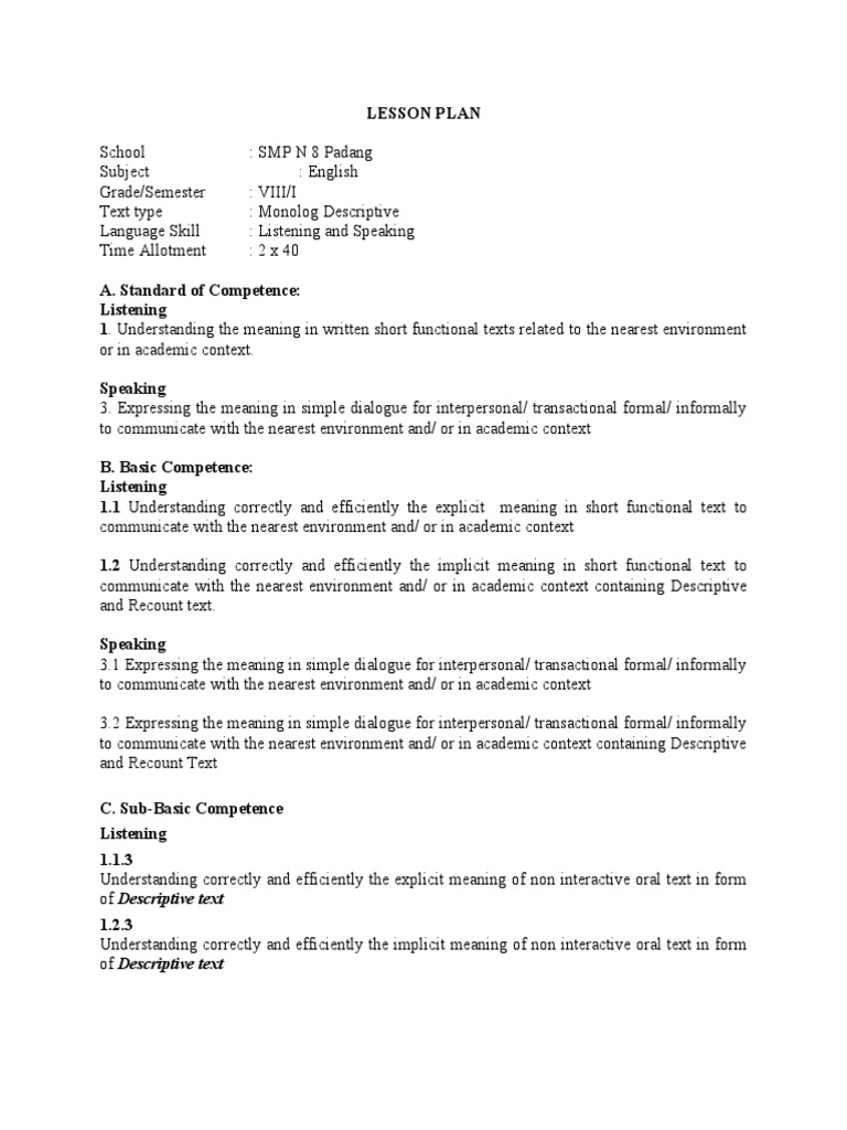 LESSON PLAN Descriptive Text VIII. Listening & Speaking SCdoc | PDF ...