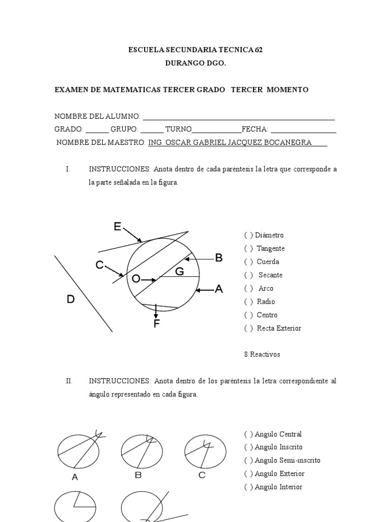 Examen matematicas 3er grado III Mom 2006-2007