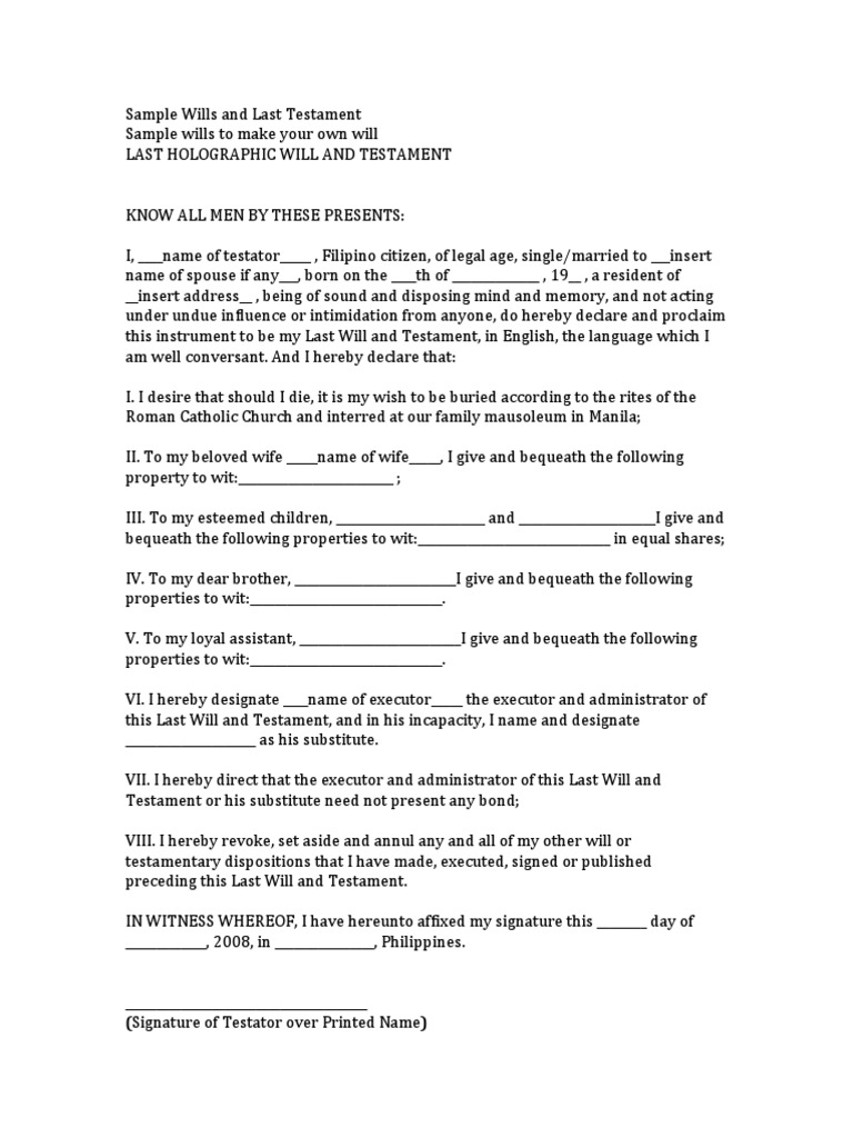 Sample Wills and Last Testament | Download Free PDF | Will And ...