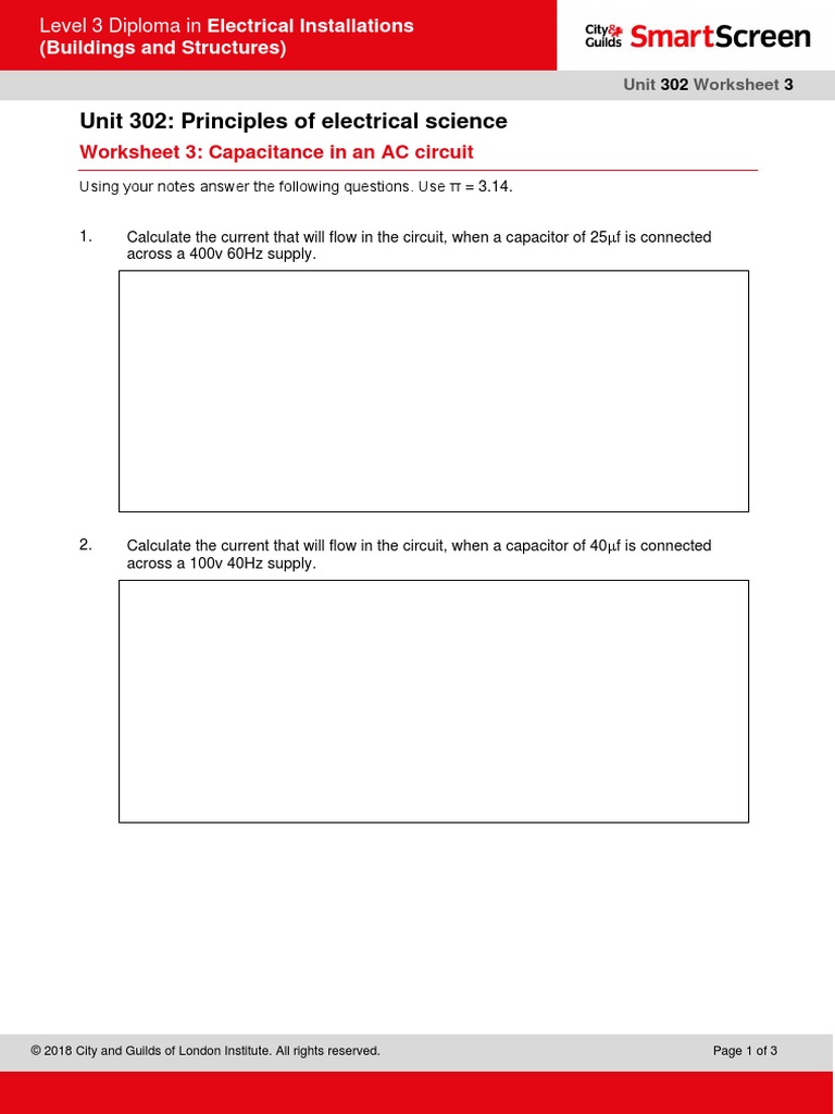 Unit 302: Principles of Electrical Science: Worksheet 3: Capacitance in ...