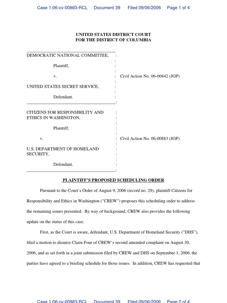 CREW v. DHS: Regarding White House Visitor Logs (Abramoff) : 9/6/06 ...