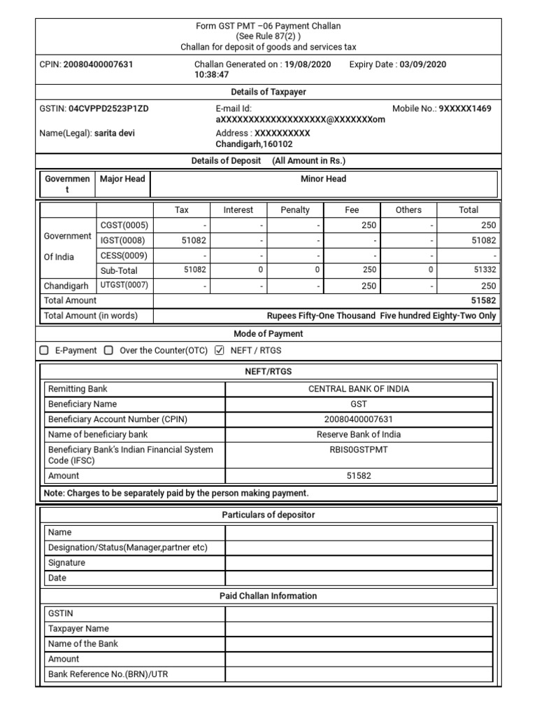 Payment of Goods and Services Tax through NEFT/RTGS for tax amount of ...