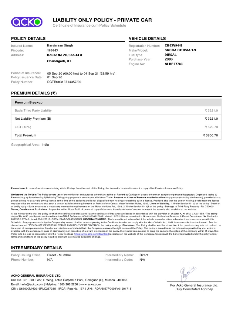 Liability Only Policy - Private Car: Policy Details Vehicle Details ...